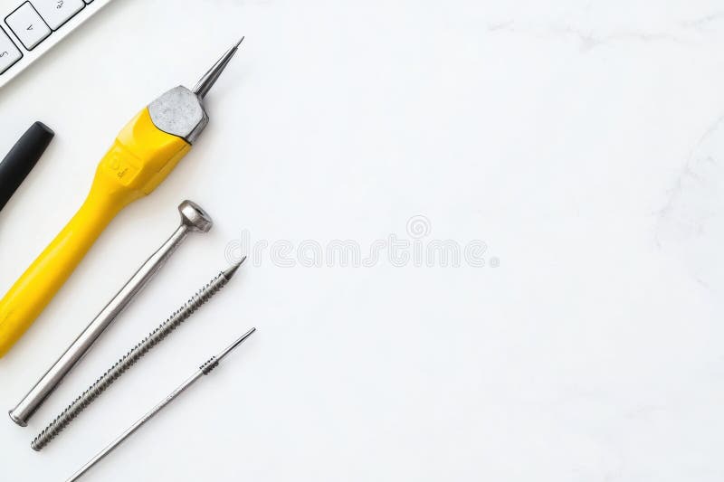 A Yellow Screwdriver and Various Tools are Placed beside a Computer on ...