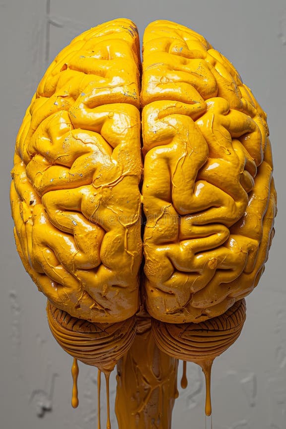 A Yellow Sculpture of a Brain with Dripping Paint on it, AI Stock ...