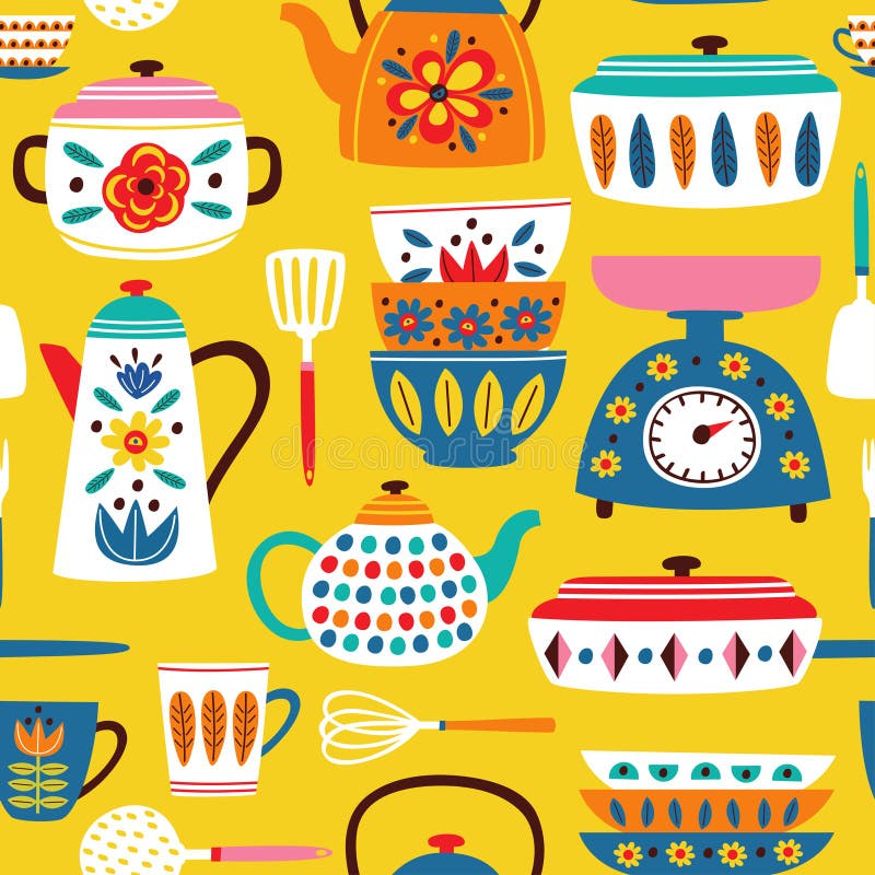 Yellow Seamless Pattern with Vintage Kitchen Stock Vector ...