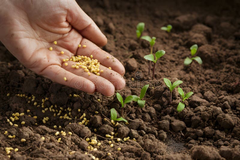 Yellow Seeds Held Over Sprouting Plants in Moist Soil, Nurturing Growth ...