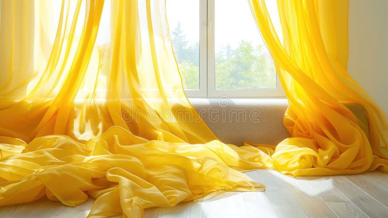 Yellow Sheer Curtains Blowing in the Wind, Sunlight Streaming through ...
