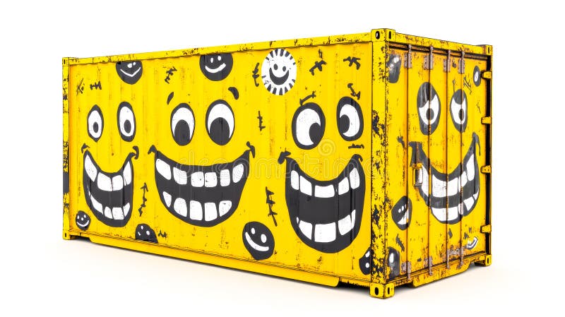 Yellow Shipping Container with Bold Graffiti of Smiling Faces on White ...