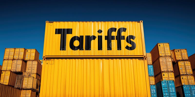 Yellow Shipping Container with Bold Word Tariffs Against Blue Sky Stock ...