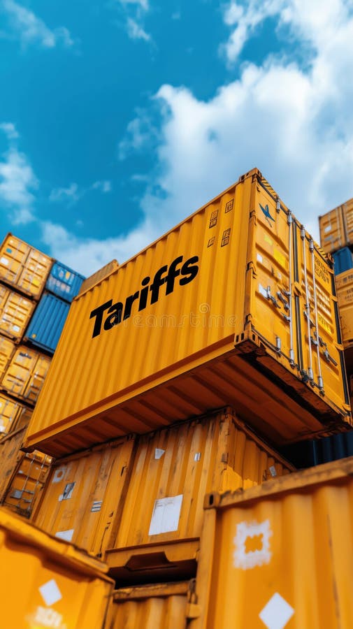 Yellow Shipping Container with Word Tariffs Stands Out Against Blue Sky ...