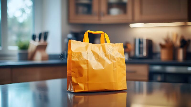 Yellow Shopping Bag on Kitchen Counter in Modern Home Interior Stock ...