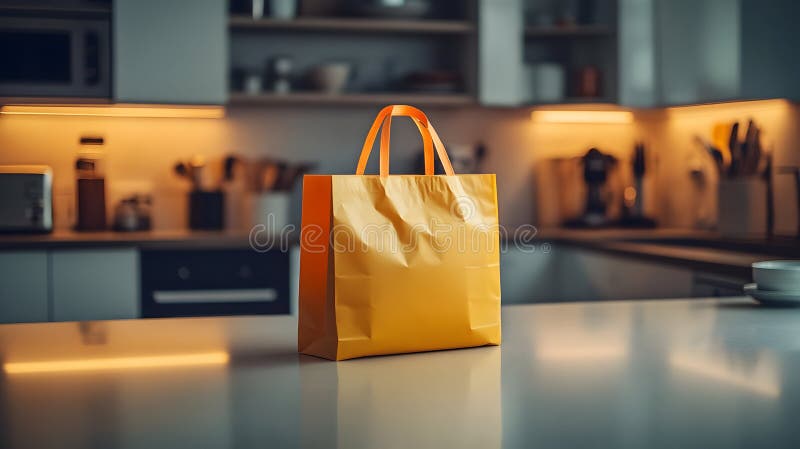 Yellow Shopping Bag on Modern Kitchen Countertop in Soft Lighting Stock ...