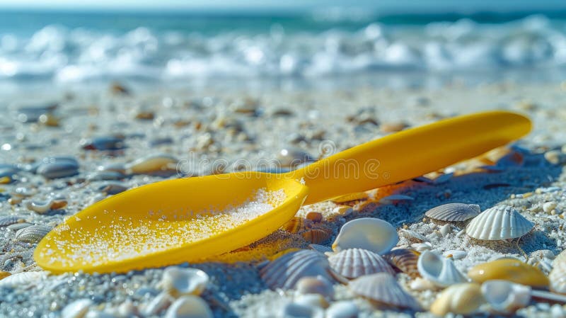 Yellow Shovel on a Sandy Beach Surrounded by Seashells. Stock Photo ...