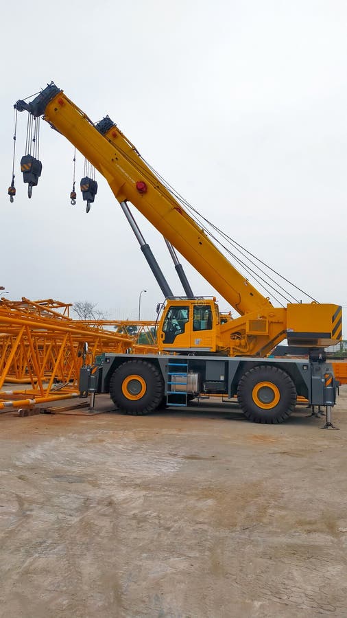 Yellow Side View of Yellow Telescopic Mobile Crane Boom Up and Park at ...