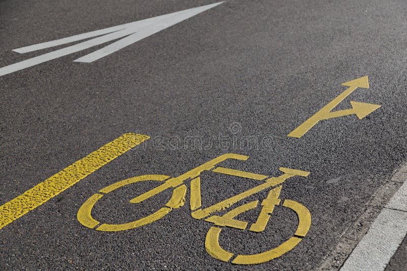 Yellow sign bicycle path stock photo. Image of city, bike - 82996386