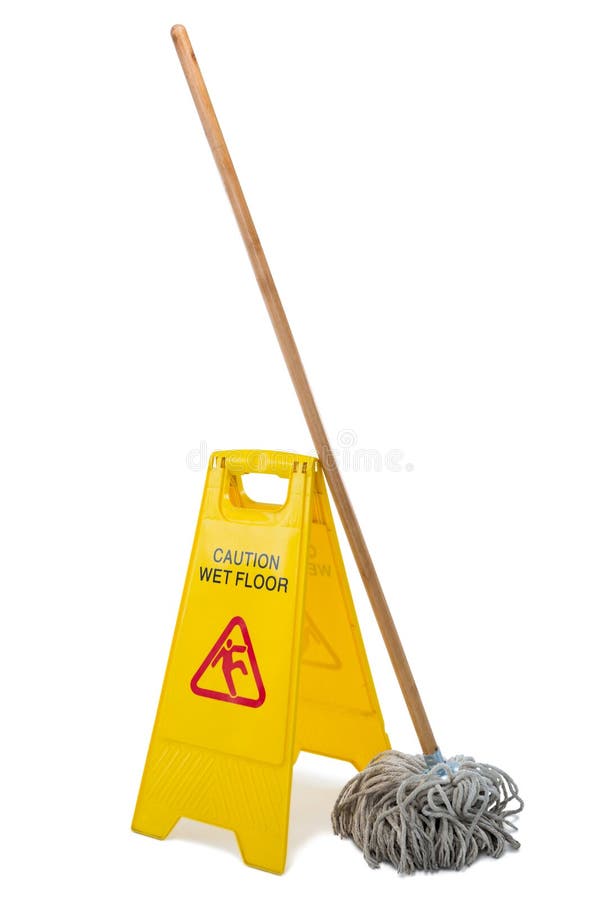 Yellow Sign Board with Mop Bucket on Floor Against Wall Stock Photo ...
