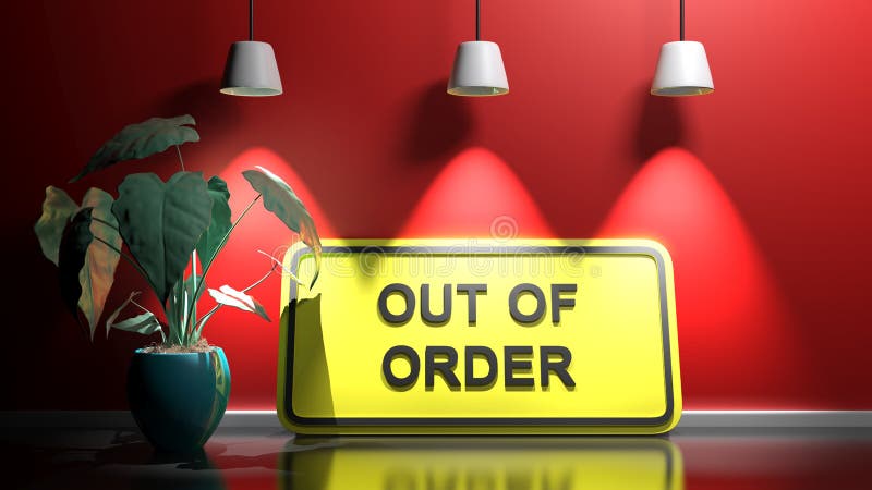 Yellow Sign OUT of ORDER at Red Bricks Wall - 3D Rendering Illustration ...