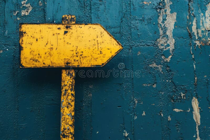 Yellow Sign Points Right on Weathered Blue Wall, Indicating Direction ...