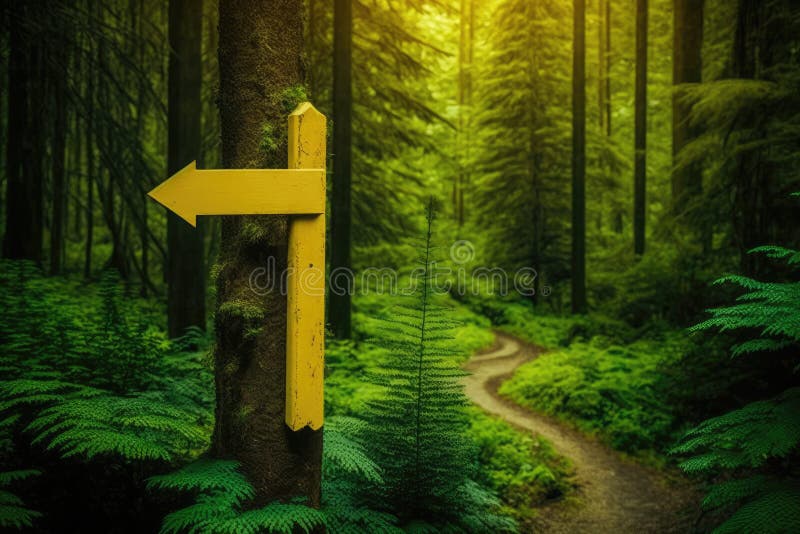 Yellow Signpost with Arrow Pointing the Way through Lush Forest Stock ...