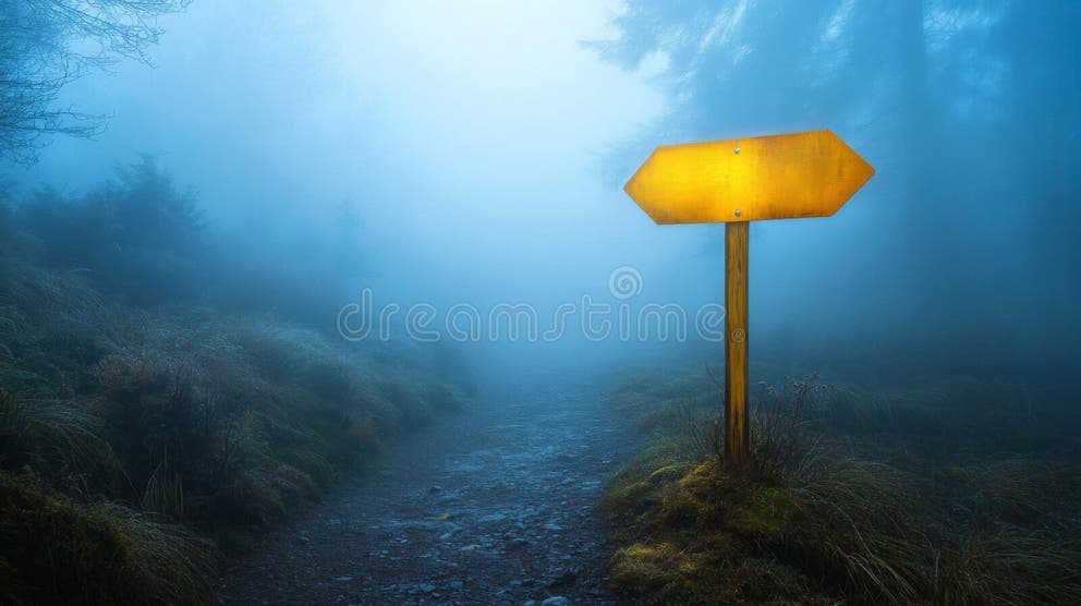 Yellow Signpost Guides Path through Misty Forest Stock Illustration ...
