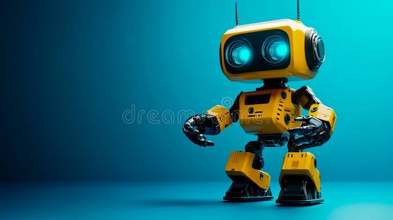 A Yellow Small Robot with Blue Eyes Standing on a Blue Background Stock ...