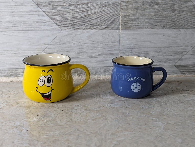 Yellow Smile Cup Blue Work Text Isolated White Background Stock Photos ...