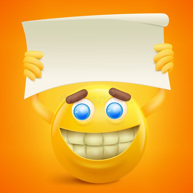 Yellow Smiley Cartoon Character with Paper Banner in Hands Stock ...