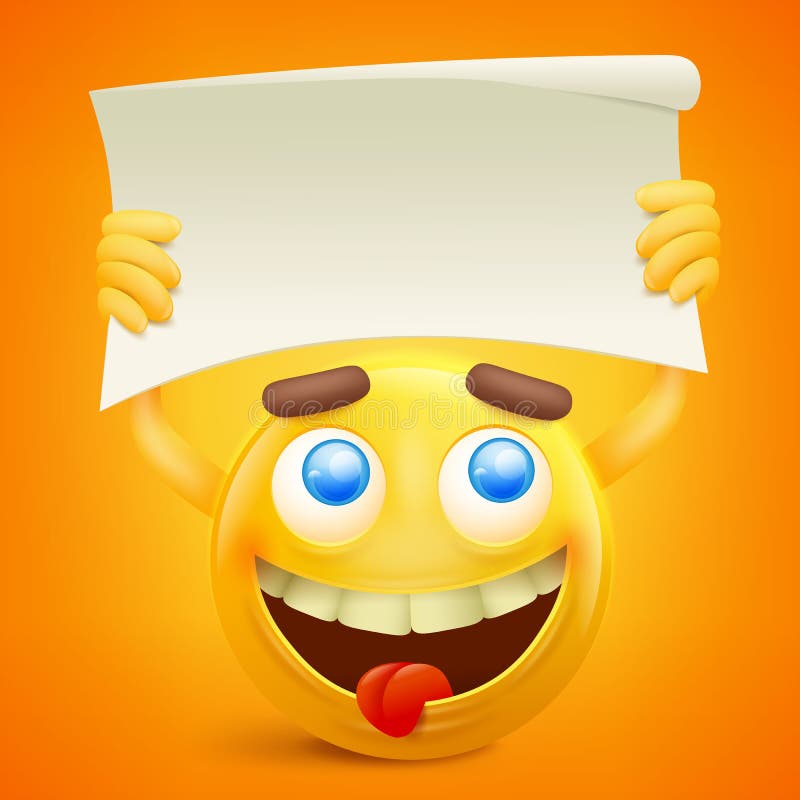 Yellow Smiley Cartoon Character with Paper Banner in Hands Stock ...