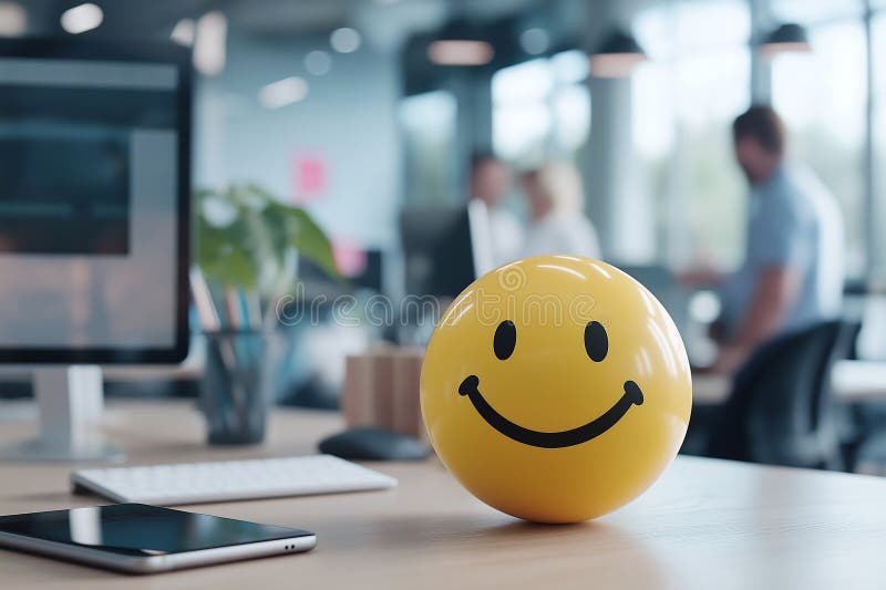 Yellow Smiley Face Ball Sits on Desk in Modern Office Creating Cheerful ...