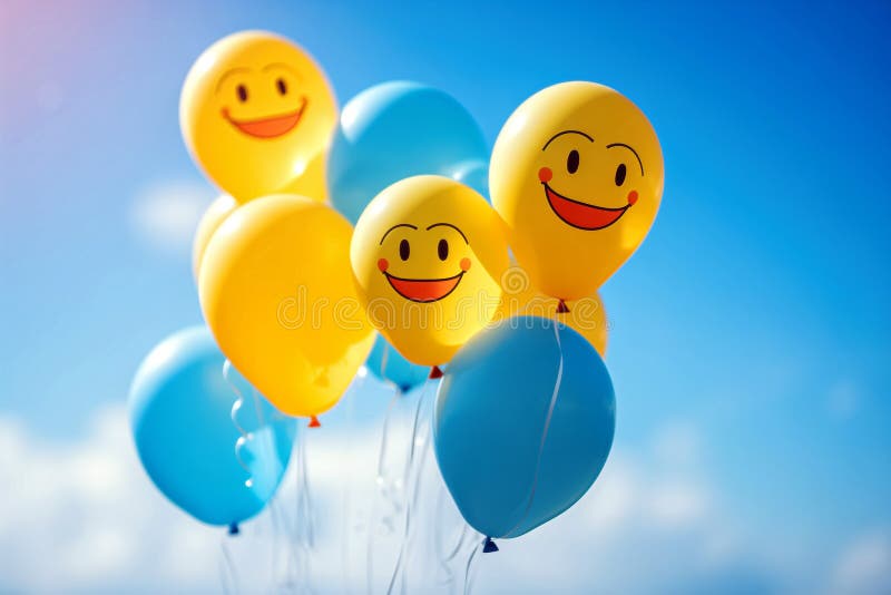 Yellow Smiley Face Balloons Floating in Blue Sky Stock Illustration ...