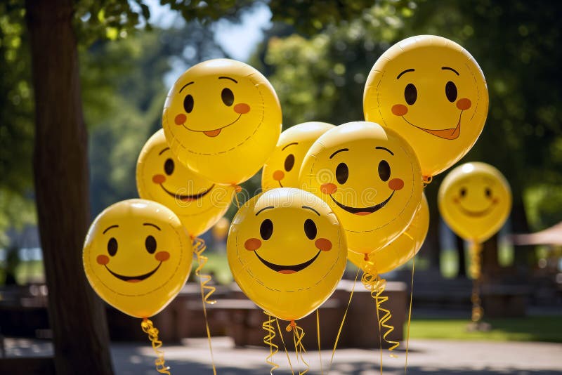Yellow Smiley Face Balloons Floating in a Park on a Sunny Day Stock ...