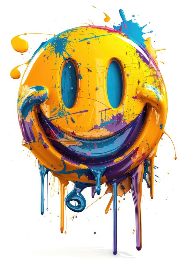 Yellow Smiley Face with Blue and Pink Dripping Paint on a White ...