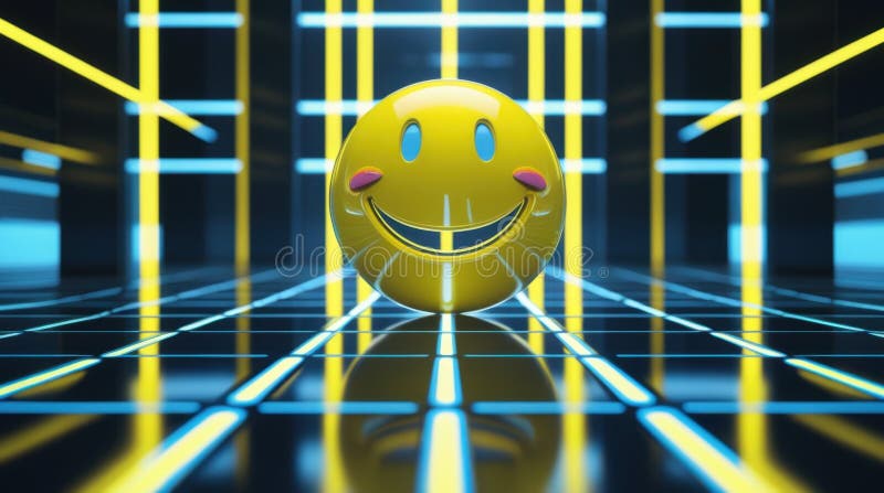Yellow Smiley Face in Futuristic Grid with Blue and Yellow Lights Stock ...