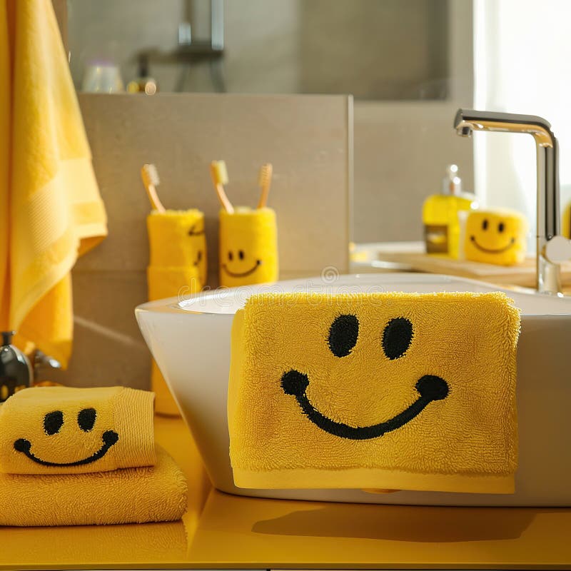 Yellow Smiley Face Towels in Modern Bathroom Stock Illustration ...