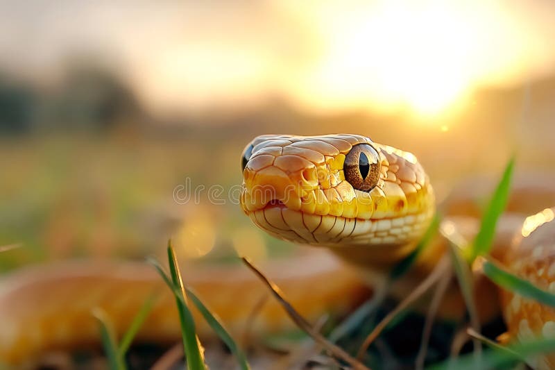 Yellow Snake Slithering through Grass at Sunset Stock Illustration ...