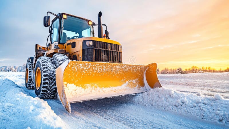 Yellow Snowplow Clearing Snow on a Snowy Road at Sunset Stock ...