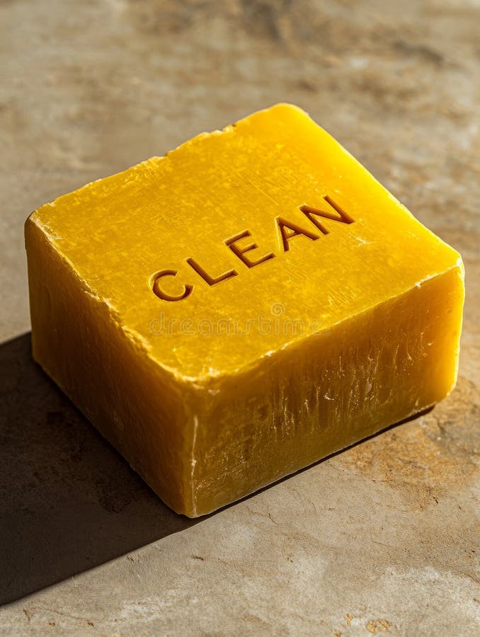 Yellow Soap Bar with CLEAN Engraving on Surface Stock Photo - Image of ...