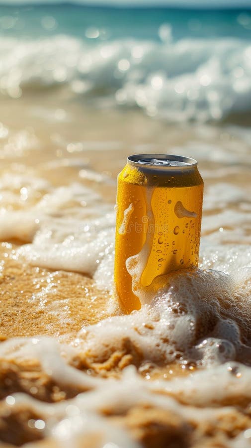 Yellow Soda Can on Sandy Beach with Ocean Waves Stock Photo - Image of ...