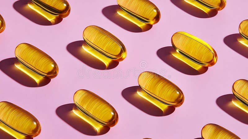 Yellow Soft Gel Capsules are Arranged in a Diagonal Pattern on a Pink ...