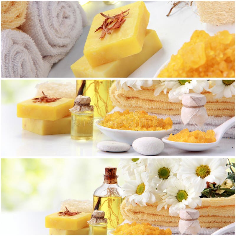 Yellow Spa Concept Collage. Soap and Essensials Spa Objects Stock Image ...