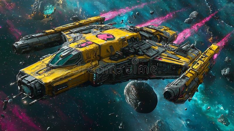 Yellow Spaceship Flying through Asteroid Field in Space Stock ...
