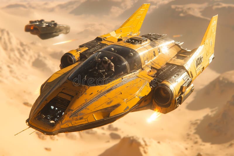 A Yellow Spaceship Flying Over a Desert Landscape Stock Illustration ...