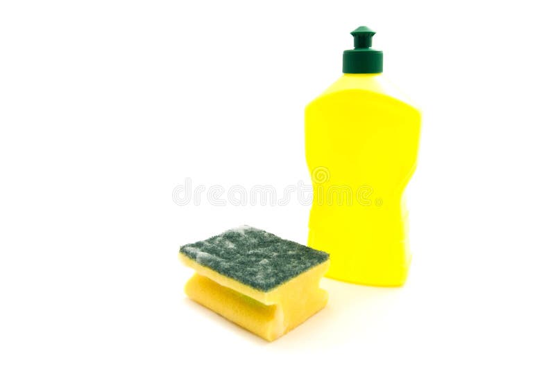 Yellow Sponge with Foam and Bottle with Detergent Stock Image - Image ...