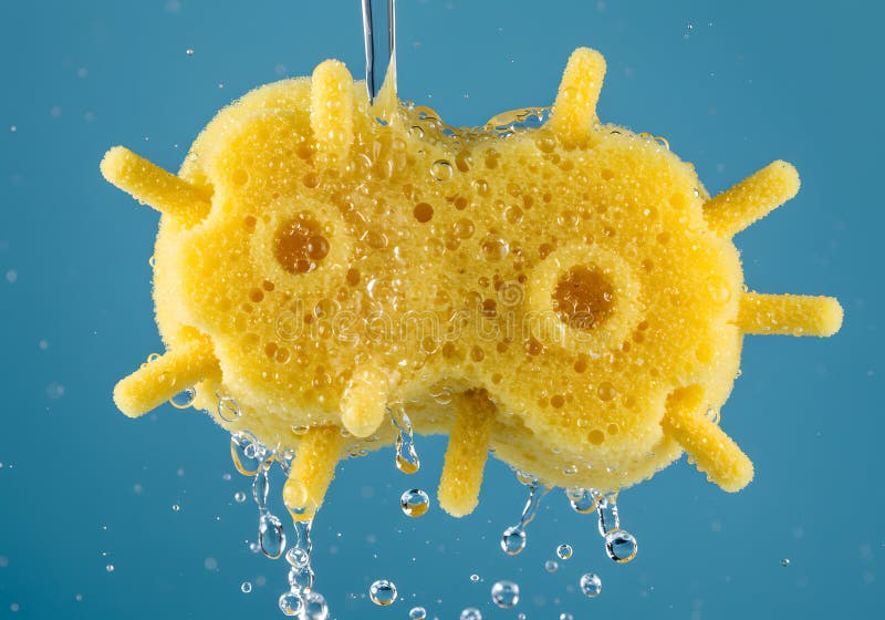 Yellow Sponge Being Poured with Water Against a Blue Background Stock ...
