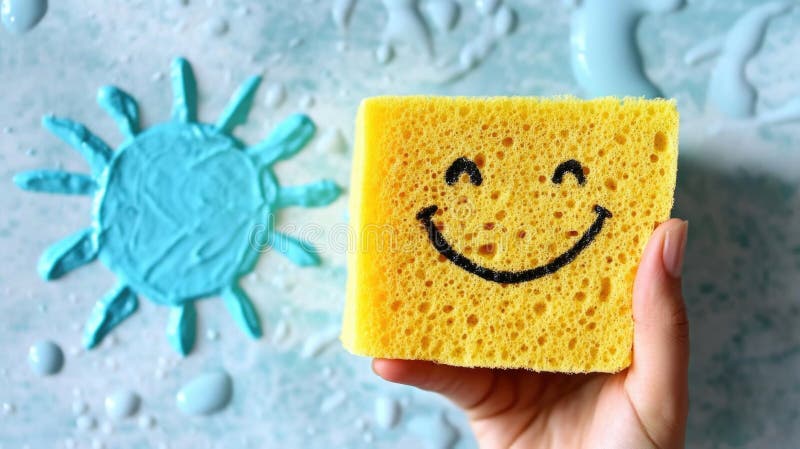 Yellow Sponge with Smiley Face Held by Hand on Wet Surface with Blue ...
