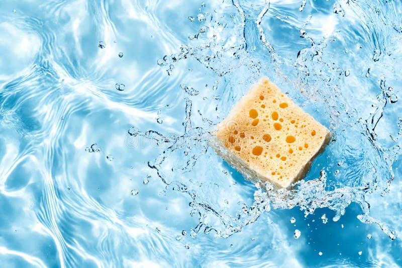 Yellow Sponge Splash in Clear Blue Water with Bubbles Stock Photo ...