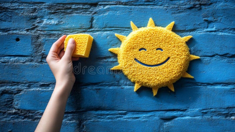 A Yellow Sponge is Used To Hand Paint a Smiling Sun on a Blue ...