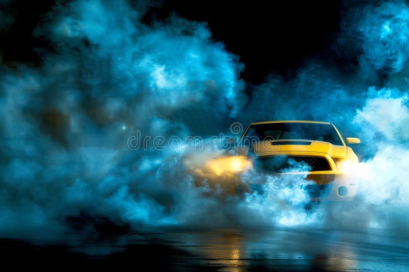 Yellow Sports Car Drives through Cloud of Smoke Stock Image - Image of ...