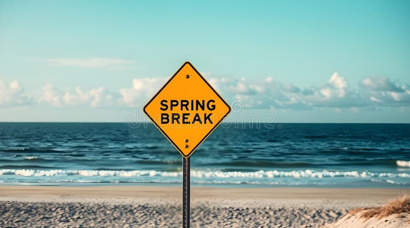 Yellow Spring Break& Sign on a Sandy Ocean Beach. a Bright Beach Scene ...