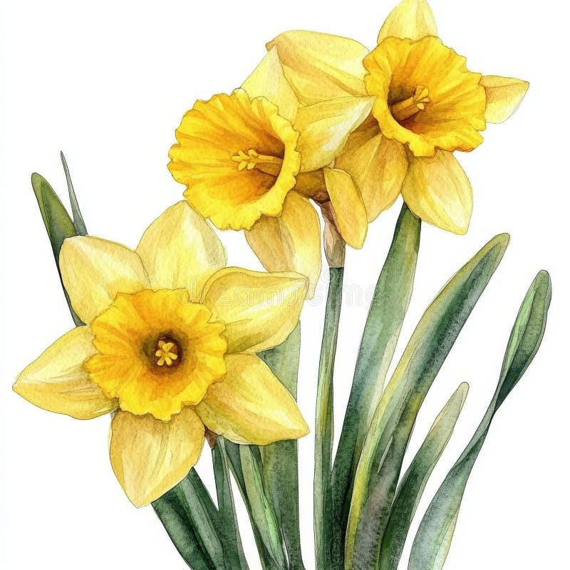 Yellow Spring Daffodils Painted by Hand with Watercolors Stock Image ...