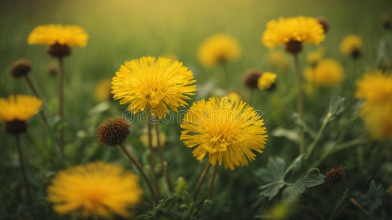 Yellow Spring Dandelion Flowers in Soft Background Stock Illustration ...