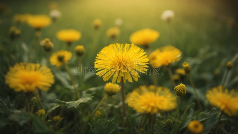 Yellow Spring Dandelion Flowers in Soft Background Stock Illustration ...