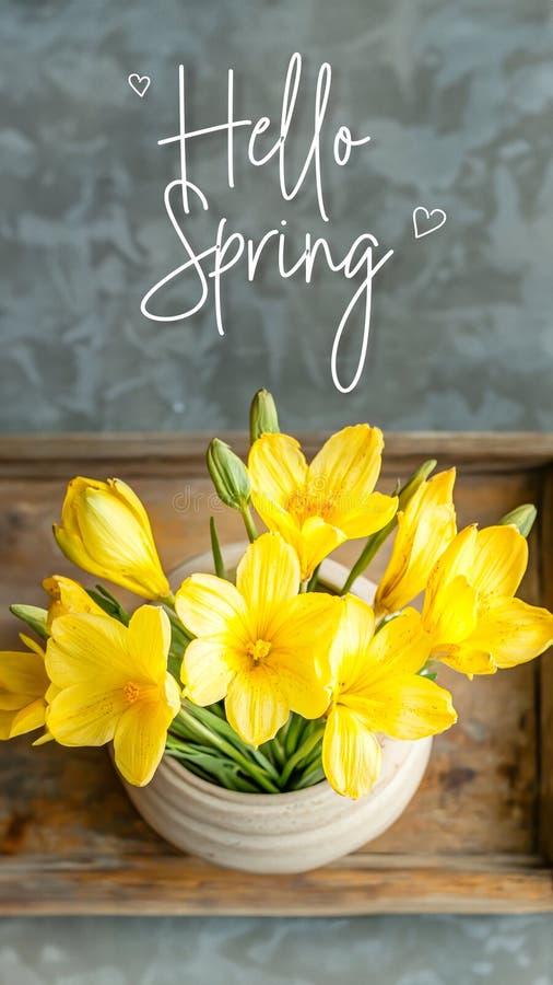 Yellow Spring Flowers in a Ceramic Vase with "Hello Spring" Text Stock ...