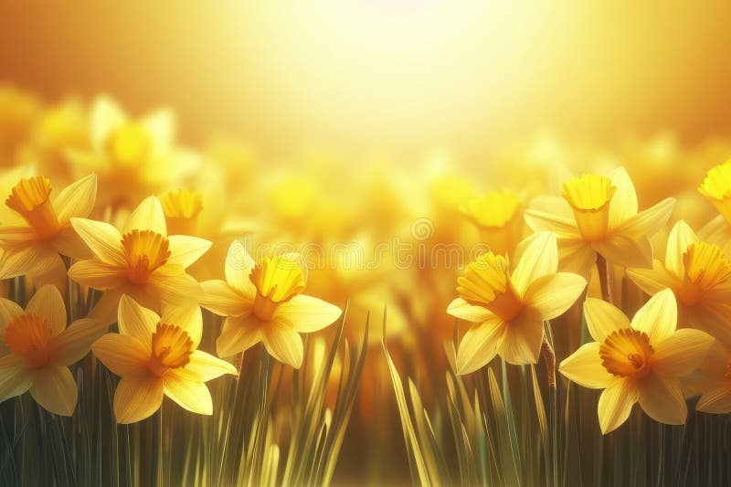 Yellow Spring Flowers Daffodils Daffodils with Bright Sun Rays. Stock ...