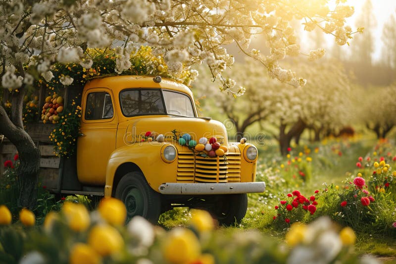 Yellow Spring Truck with Flowers, Easter Eggs and Blossoming Trees ...