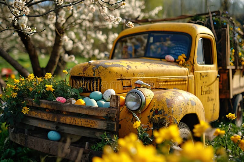 Yellow Spring Truck with Flowers, Easter Eggs and Blossoming Trees ...